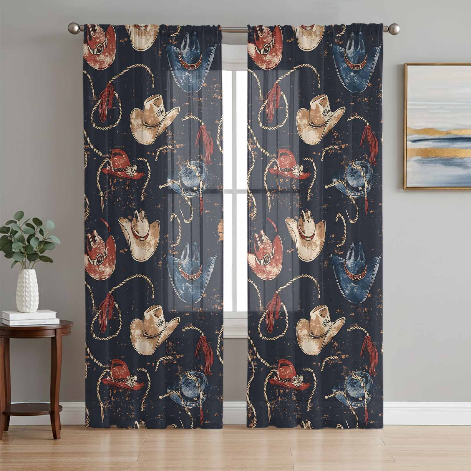 Brown Black Red Blue Cowboy Sheer Curtains 84 Inch Length 2 Panels Set ...