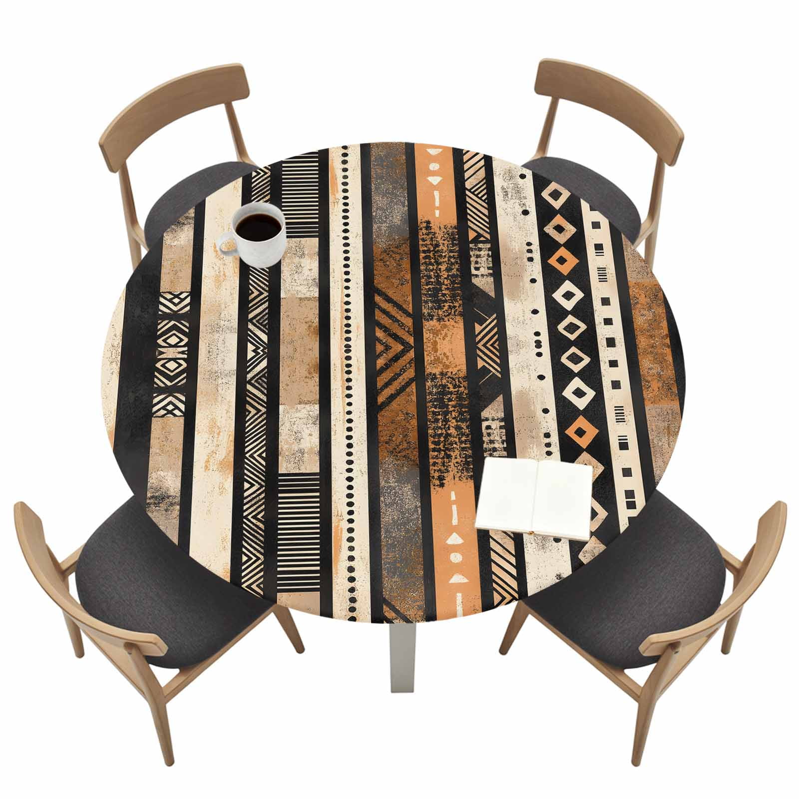 Brown Black Striped Round Fitted Tablecloth with Elastic Edge Vintage ...