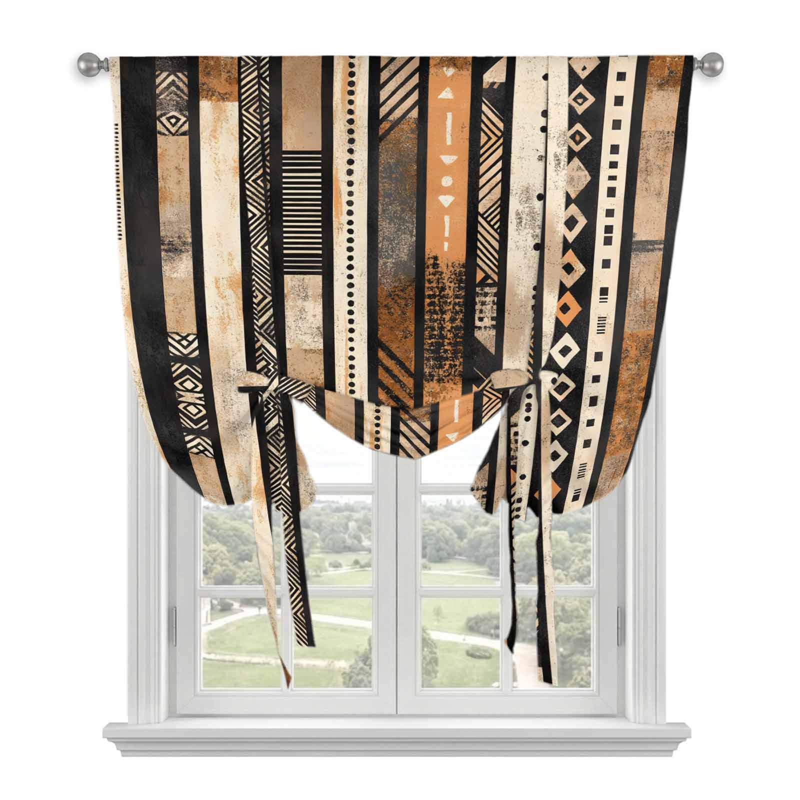 Brown Black Striped Tie Up Curtains, Vintage National Style Bohemian ...