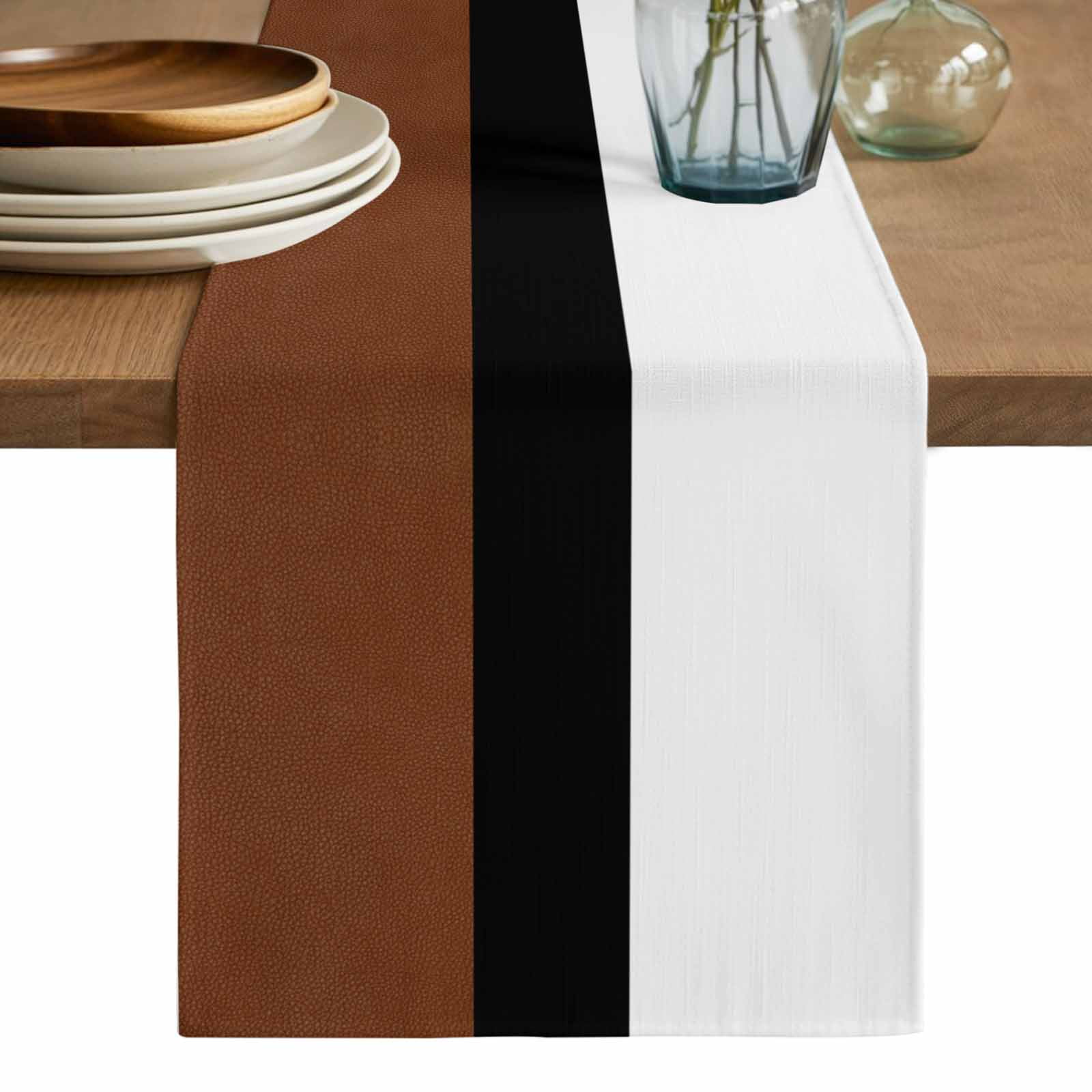 Brown Black White Boho Table Runner, Modern Striped Art Washable Cotton ...