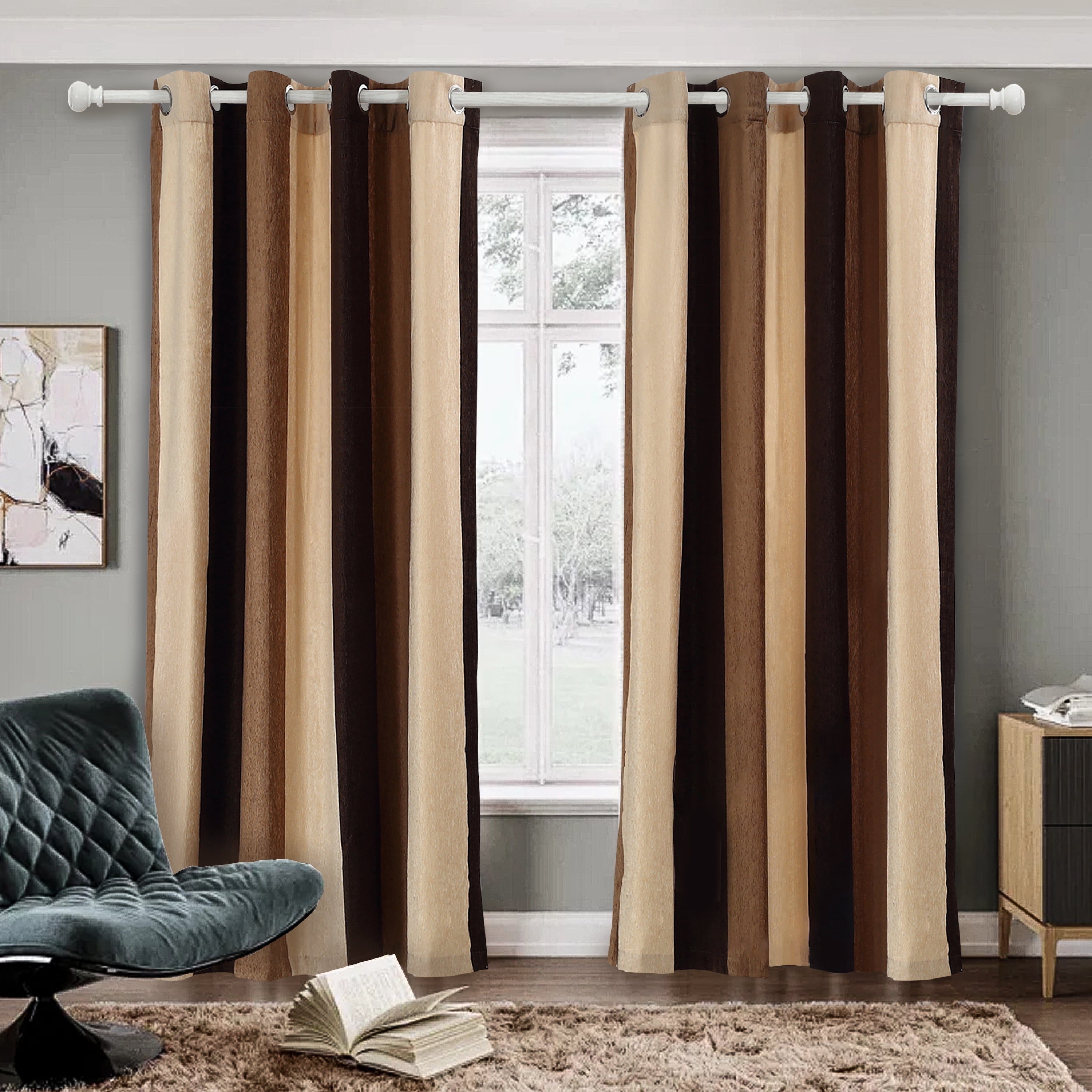 YIYITOOLS Vertical Striped Buttonhole Curtain Sets, Brown Blackout ...