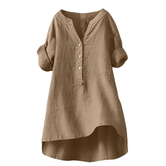 Brown Blouse for Women Fashion Cotton Linen Stand Collar Half Sleeve ...