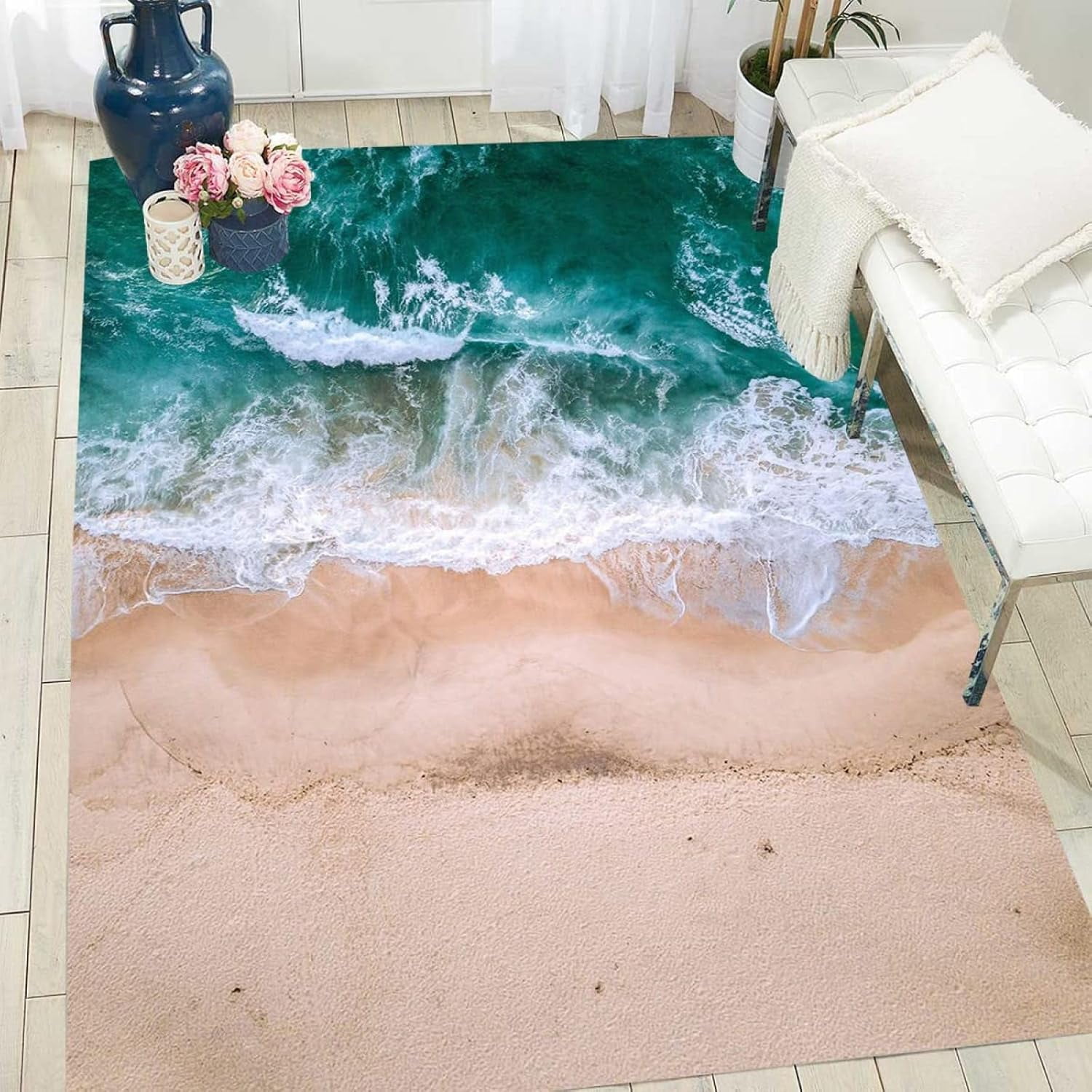 Brown Blue Area Rug, Ocean Waves Beach Theme Rugs, Minimalist Art Soft ...