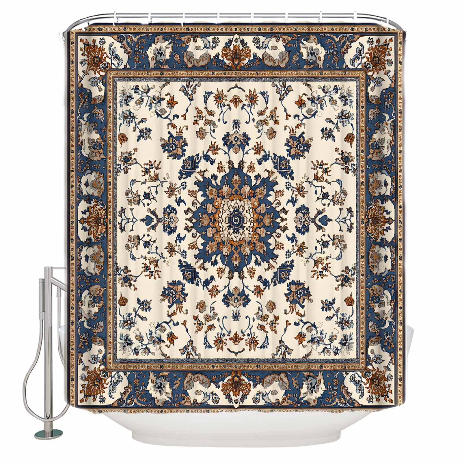 Brown Blue Boho Bathroom Shower Curtains with 12 Hooks Polyester ...