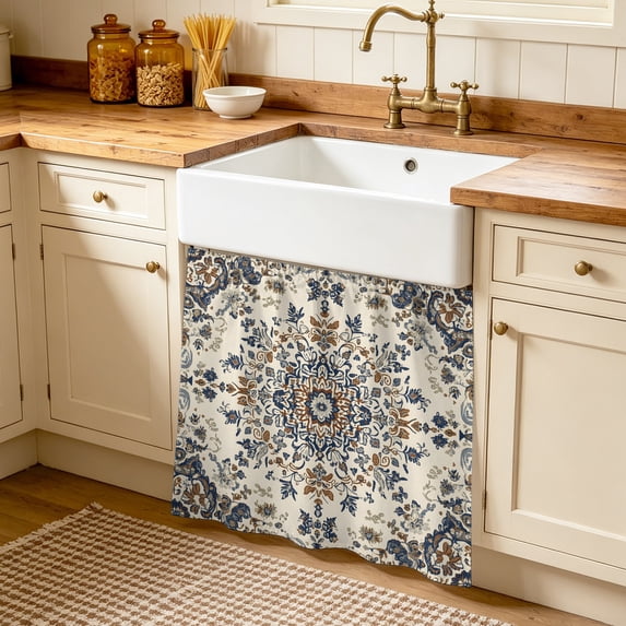 Brown Blue Boho Cabinet Curtains 35"W x 35"L, Southwestern Geometric ...