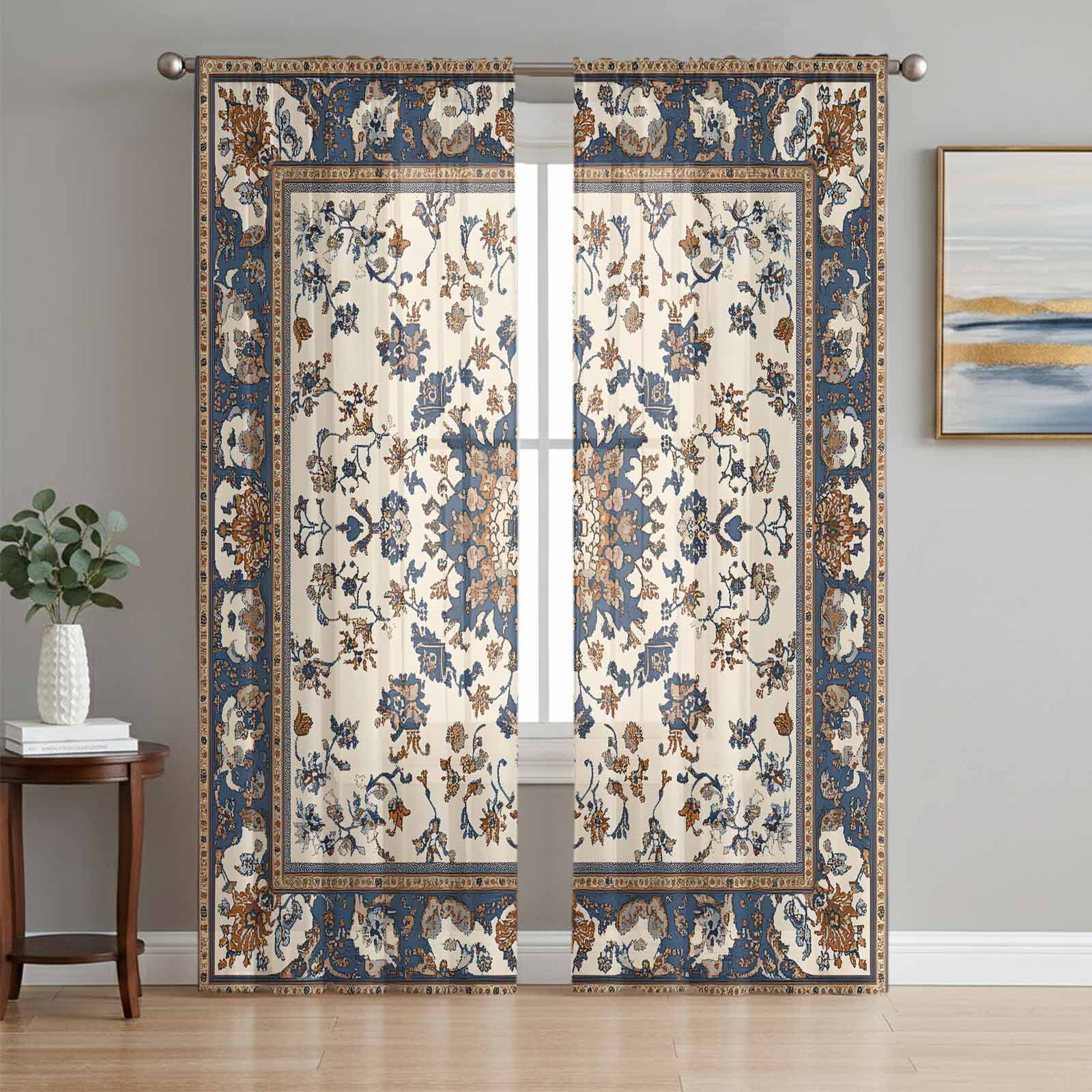 Brown Blue Boho Sheer Curtains 96 Inch Length 2 Panels Set ...