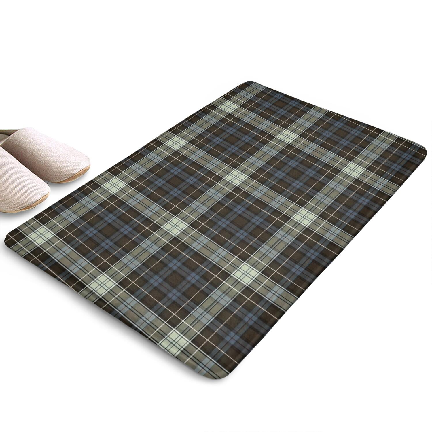 Brown Blue Checkerboard Checkered Flannel Non Slip Door Rugs,Washable ...