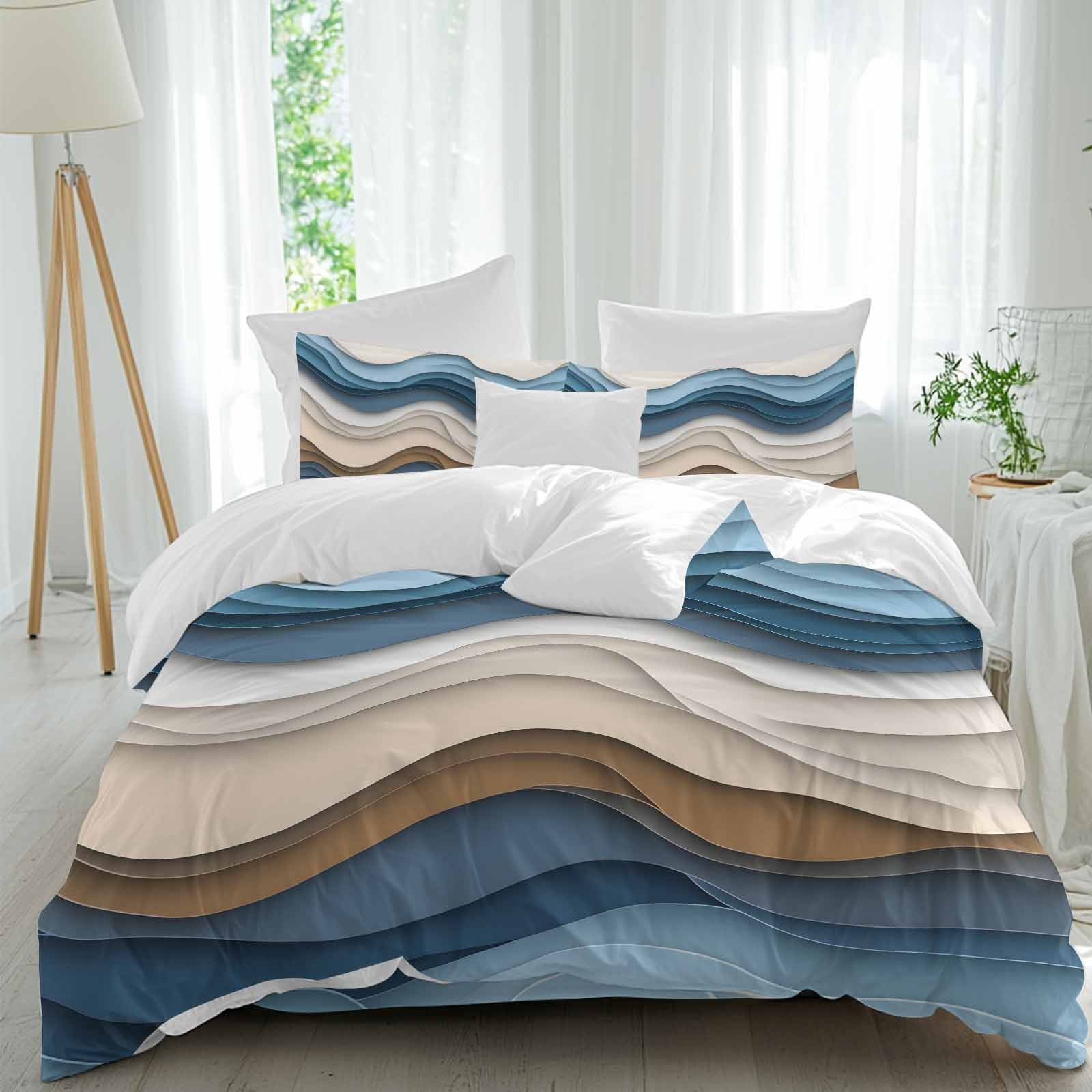 Brown Blue Duvet Cover Set Twin Size, Gradient Water Ripple Abstract ...