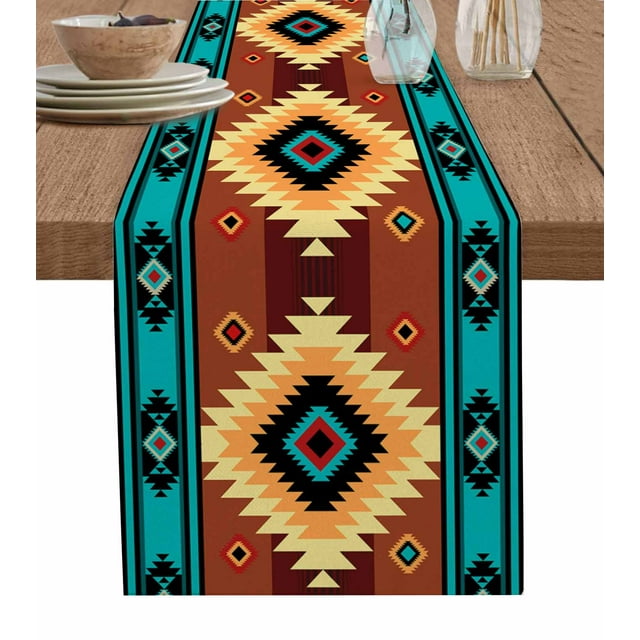 Brown Blue Ethnic Bohemian Style Geometric Table Runner Cotton Linen ...