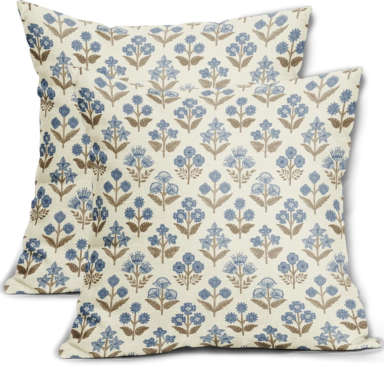 Brown Blue Floral Block Print Pillow Covers 16x16 Inch Set of 2 ...