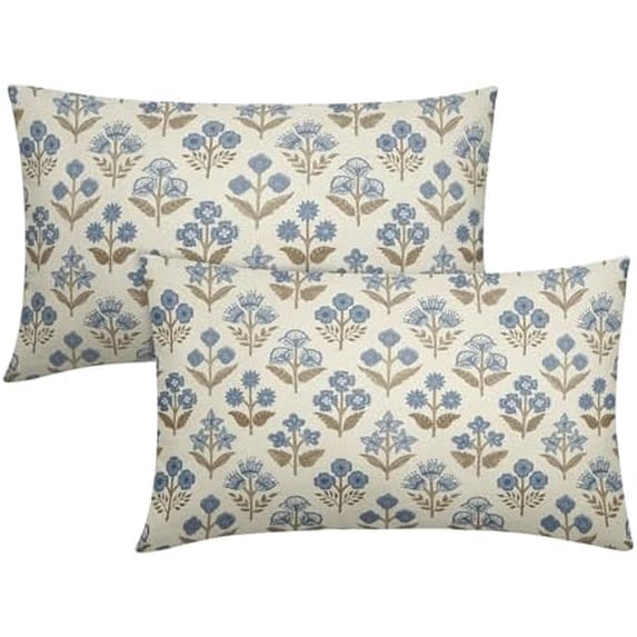 Brown Blue Floral Pillow Covers 12x20 Inch Set of 2, Block Print Lumbar ...