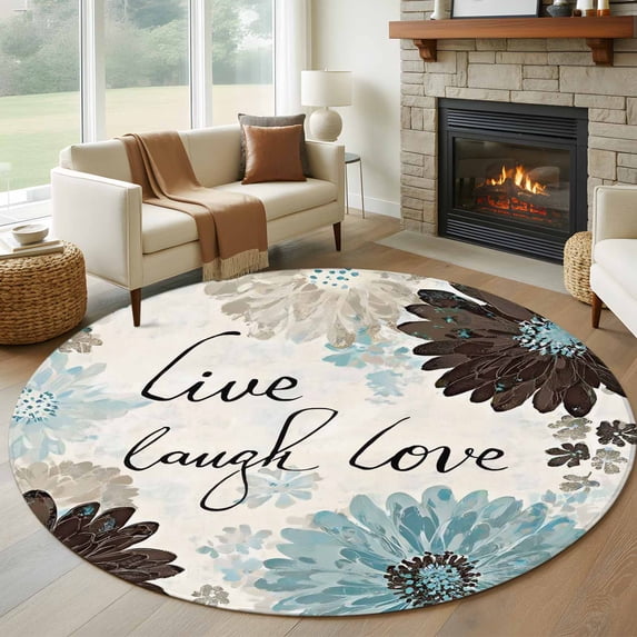 Brown Blue Flower 5FT Round Area Rugs for Living Room Laugh Love Live ...