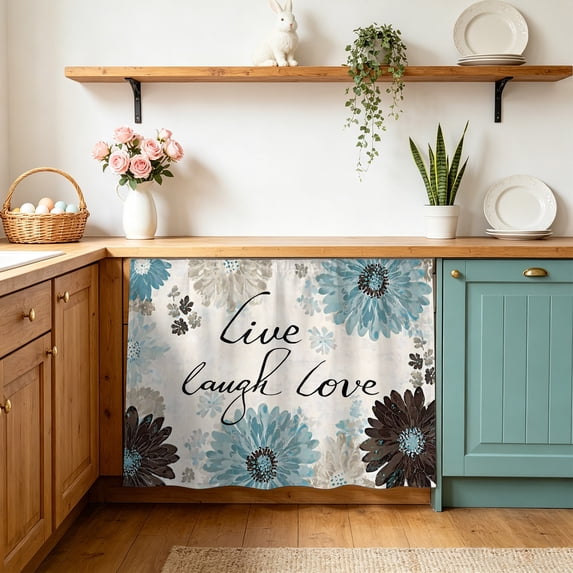Brown Blue Flower Cabinet Curtains 28" W x 35" L, Laugh Love Live Plant ...