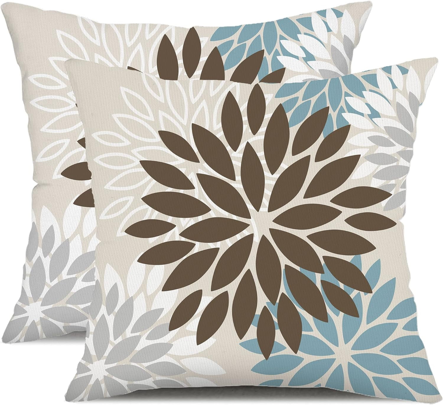 Brown Blue Flower Pillow Covers 20x20 Inch Set of 2 Summer Outdoor ...