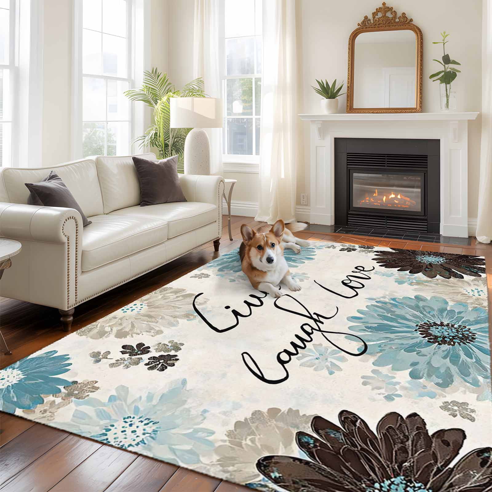 Brown Blue Flower Washable Area Rug 5x7 Laugh Love Live Plant Farmhouse ...