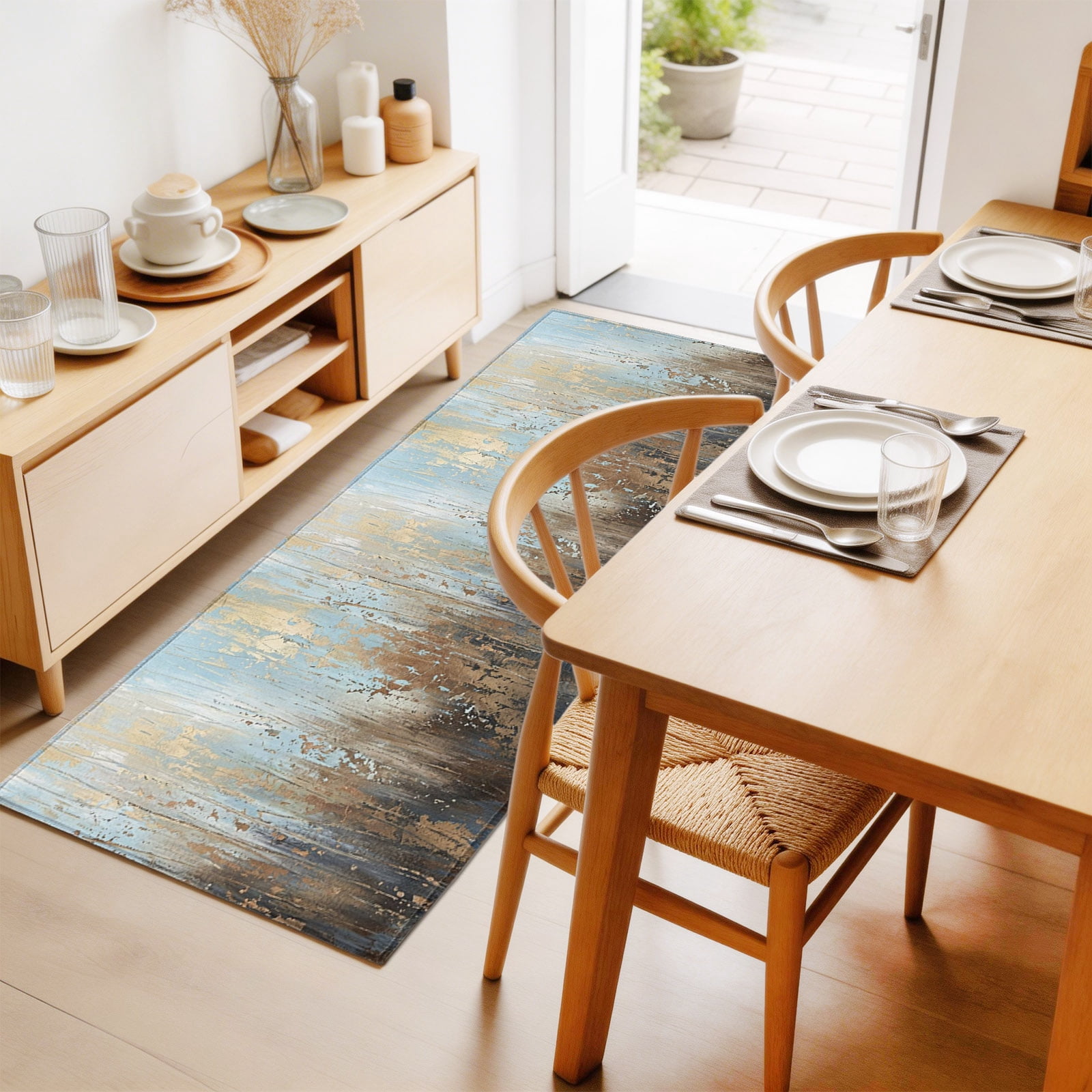 Brown Blue Gradient 2'x6' Runner Rug for Hallway Walkway Kitchen Galley ...