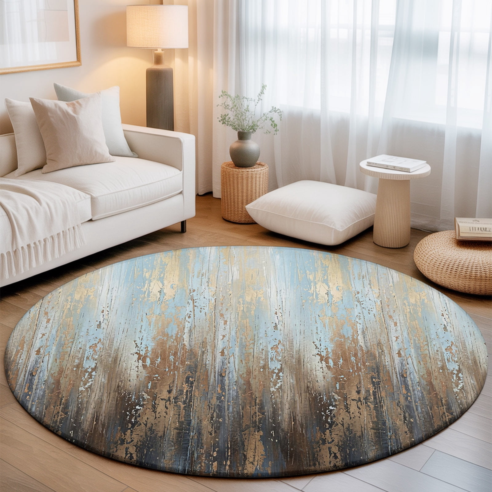 Brown Blue Gradient 3.3' Round Rug for Bedroom Reading Corner, Modern ...