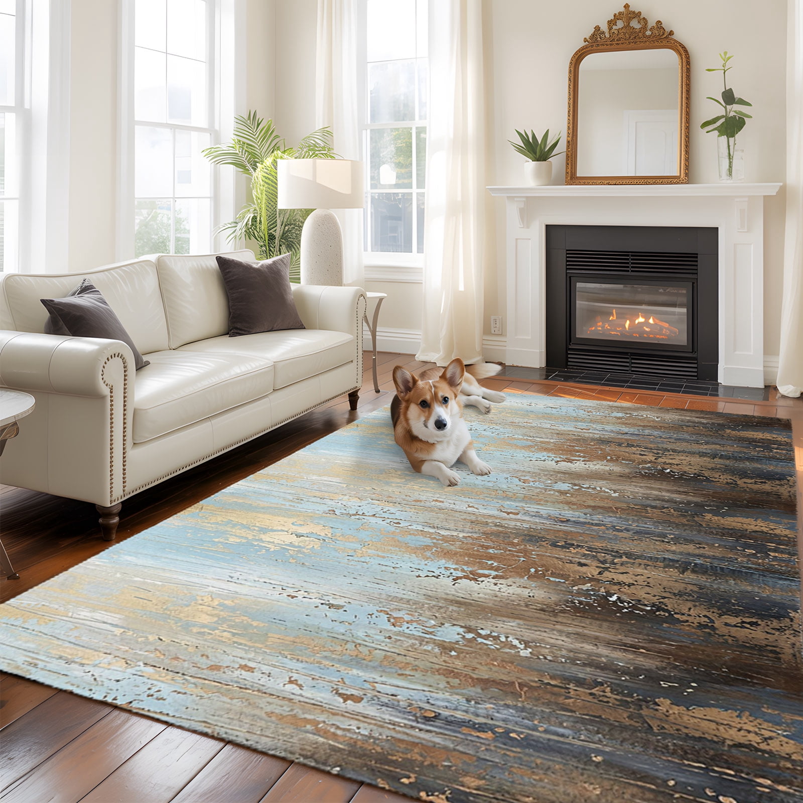 Brown Blue Gradient Washable Area Rug 8x10 Modern Abstract Industrial ...
