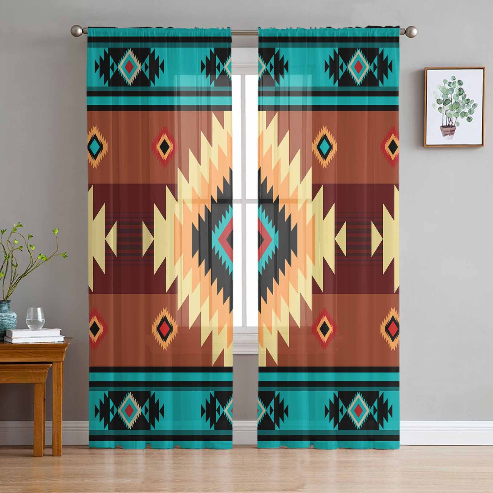 Brown Blue-Green Bohemian Style Curtains Living Room Sheer Tulle ...