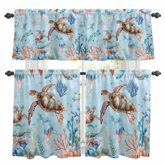 Brown Blue Kitchen Curtains and Valances Set, Coastal Sea Turtles ...