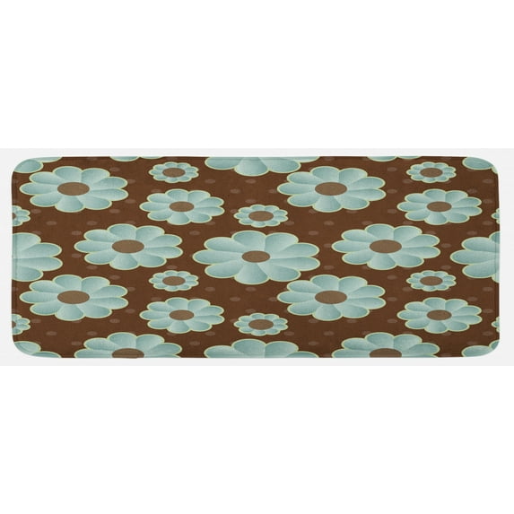 Brown and Blue Kitchen Mat, Retro Daisy Pattern with Polka Dot ...