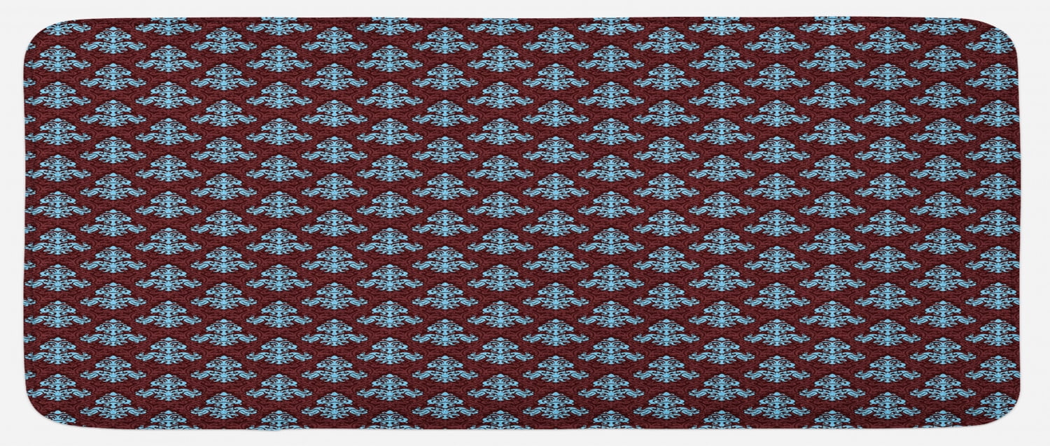 Brown and Blue Kitchen Mat, Victorian Antique Foliage Motifs with ...