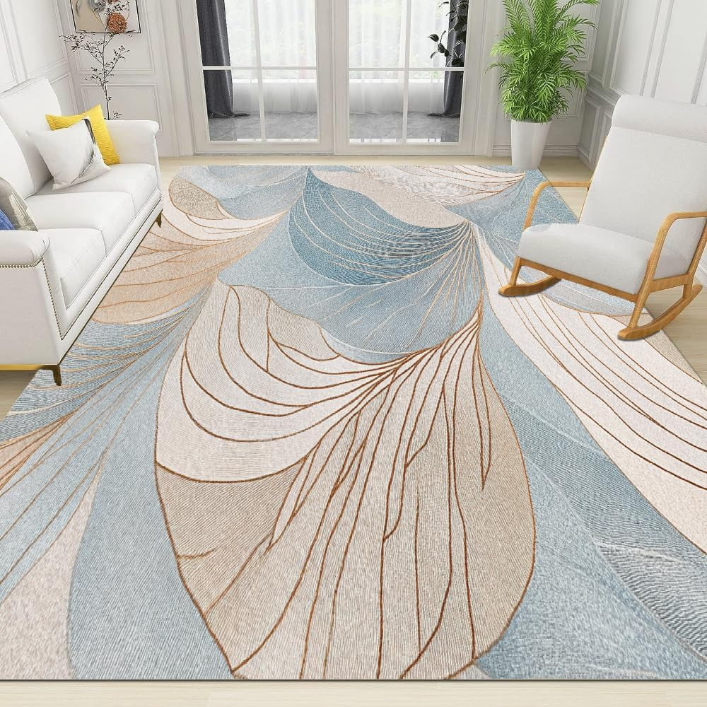 Brown and Blue Linear Leaves Area Rug Simple 3D Floral Pattern Bedroom Rug Low Pile Washable ...