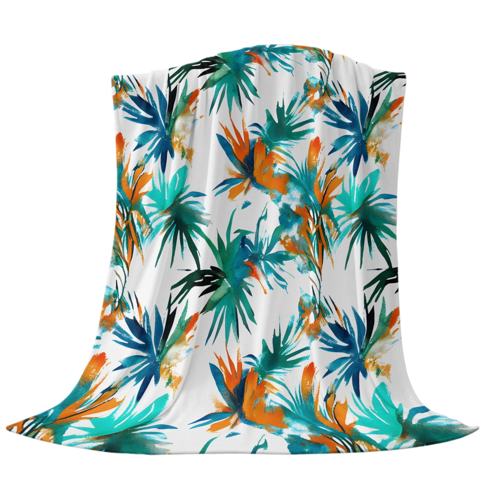 Brown Blue Palm Leaf Fleece Throw Blanket Lightweight Tropical Plant ...