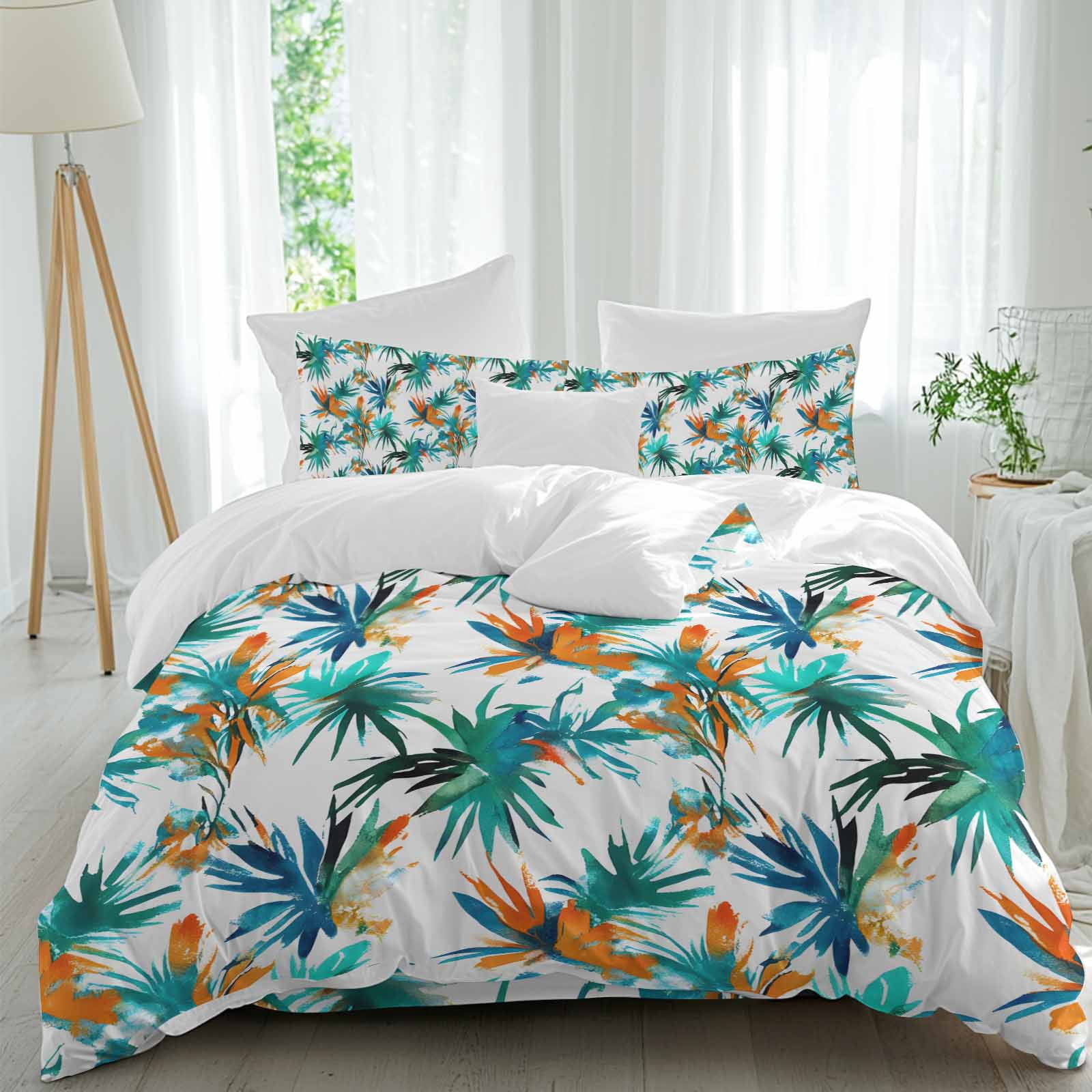 Brown Blue Palm Leaf Queen Duvet Cover Set, Tropical Plant Minimalist ...
