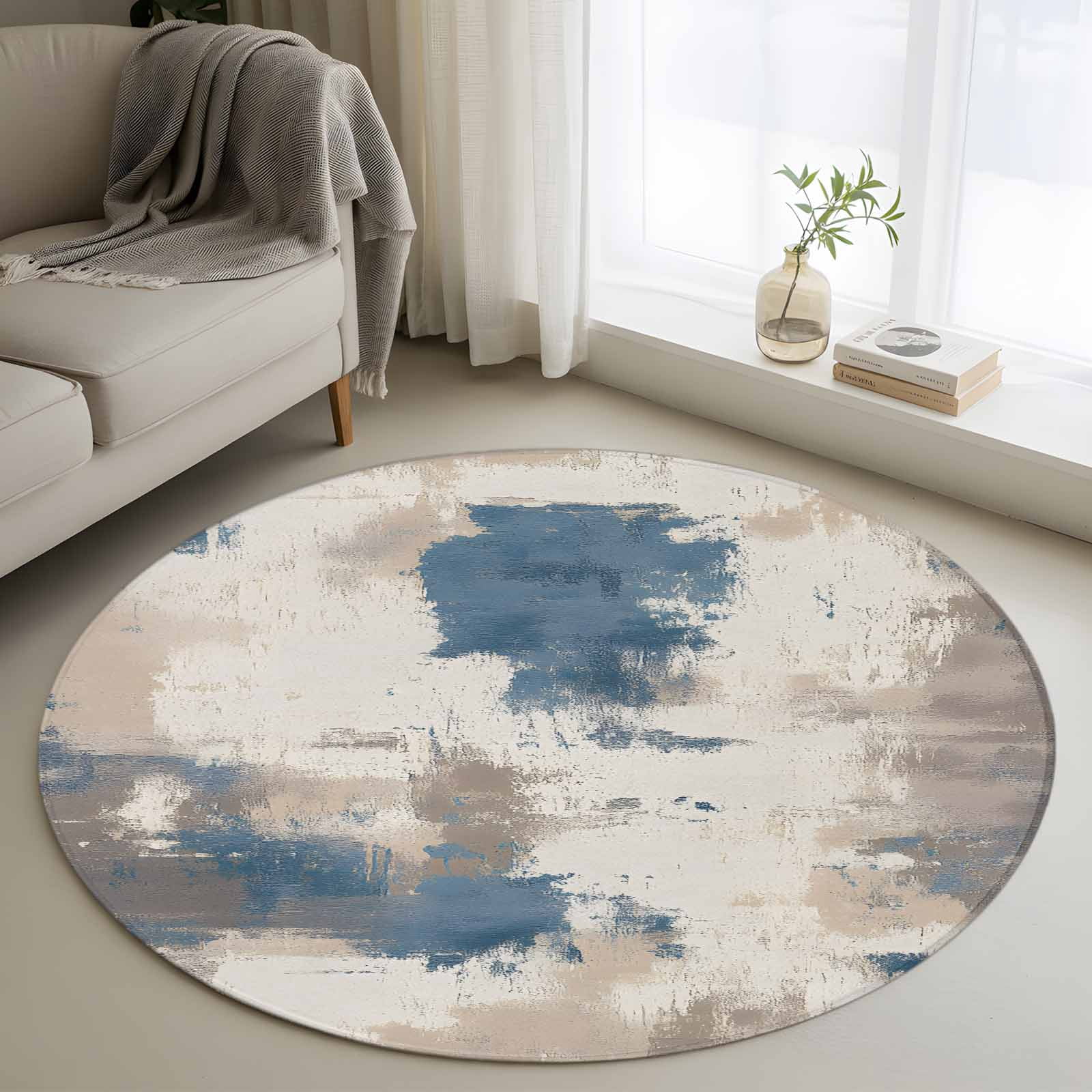 Brown Blue Round Area Rug 3 FT, Small Kitchen Bathroom Mats, Vintage ...