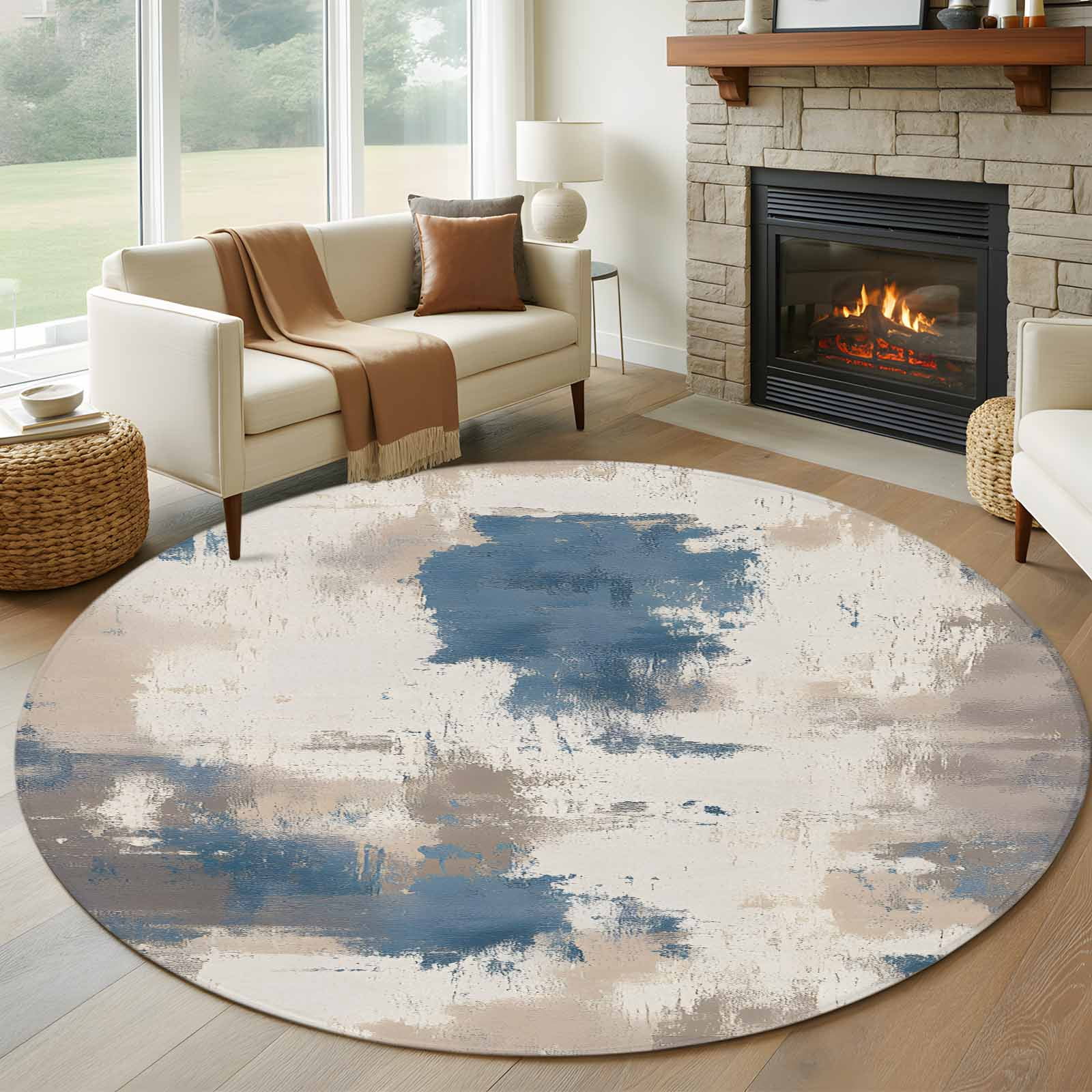Brown Blue Round Area Rug 6 FT, Non Slip Bedroom Rugs, Vintage Abstract ...