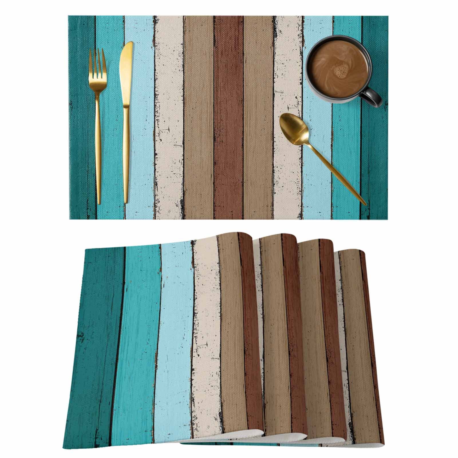 Brown Blue Striped Cotton Linen Placemats Set of 6, Modern Vintage Wood ...