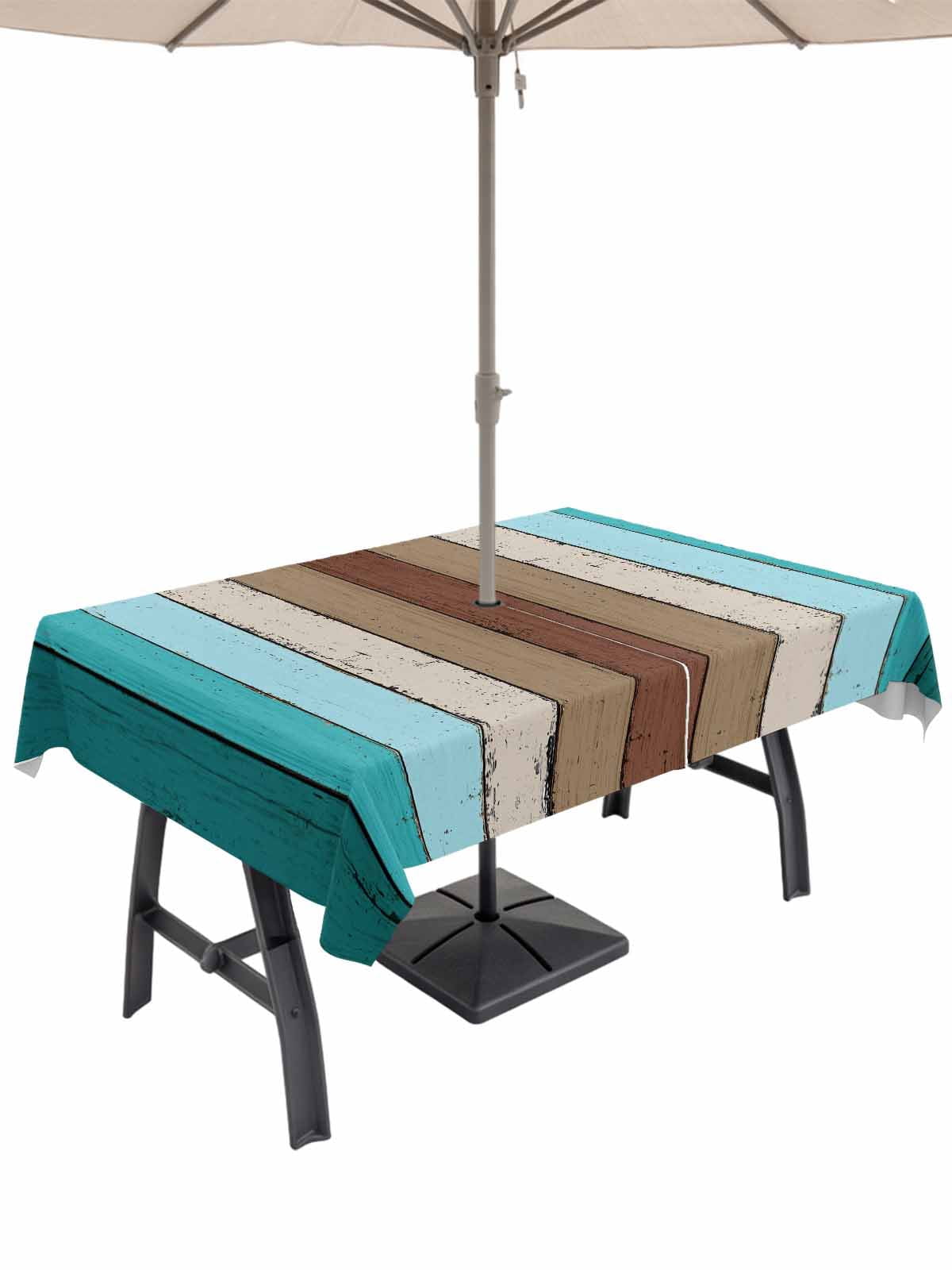 Brown Blue Striped Rectangle Outdoor Tablecloth with Umbrella Hole ...