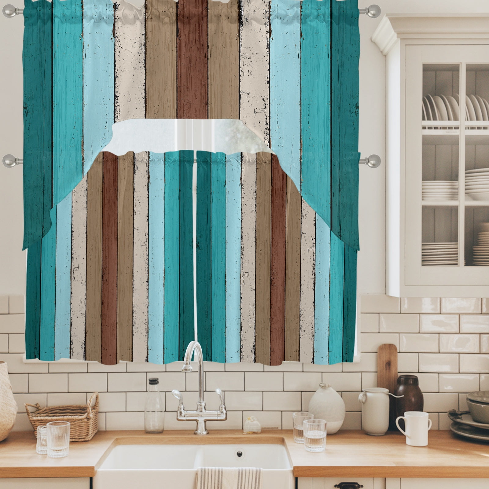Brown Blue Striped Swag Curtains Valance and Tier Set, Modern Vintage ...