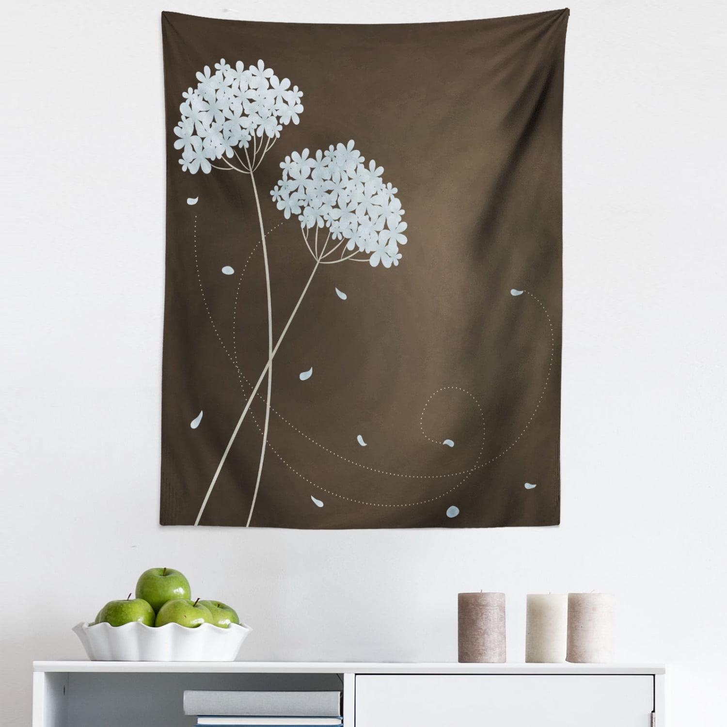 Brown and Blue Tapestry, Floral Design with Swirl Lines Falling Leaves ...