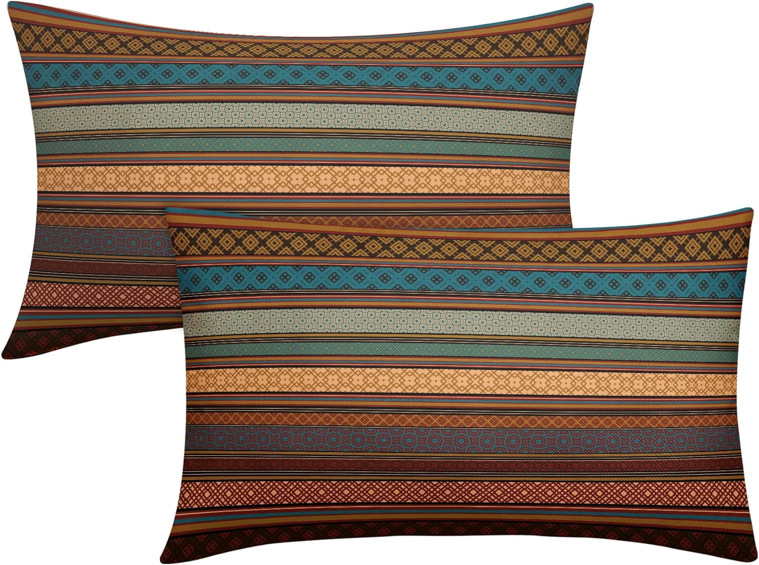 Brown Blue Teal Lumbar Pillow Covers 12x20 Inch Set of 2 Bohemian Multicolor Stripes Decorative ...