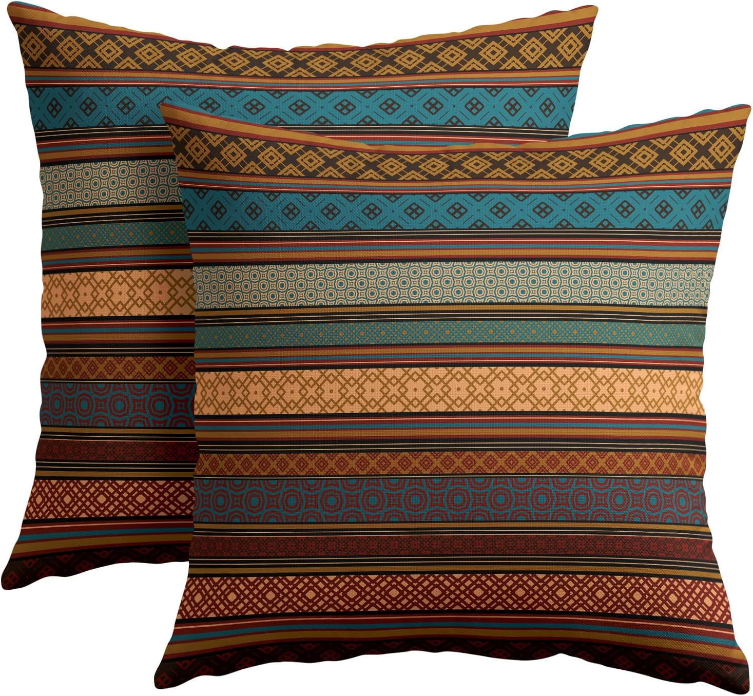Brown Blue Teal Pillow Covers 16x16 Inch Set of 2 Bohemian Multicolor Stripes Decorative Throw ...