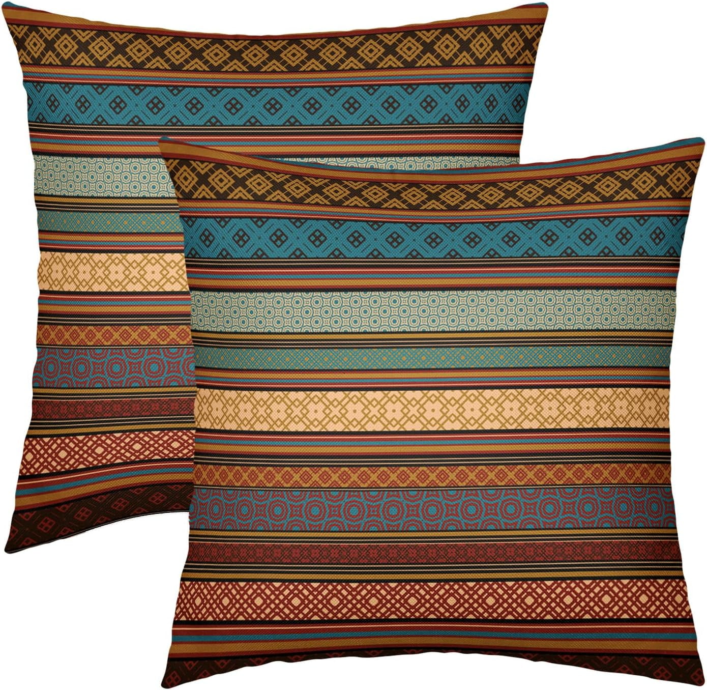 Brown Blue Teal Pillow Covers 20x20 Inch Set of 2 Bohemian Multicolor Stripes Decorative Throw ...