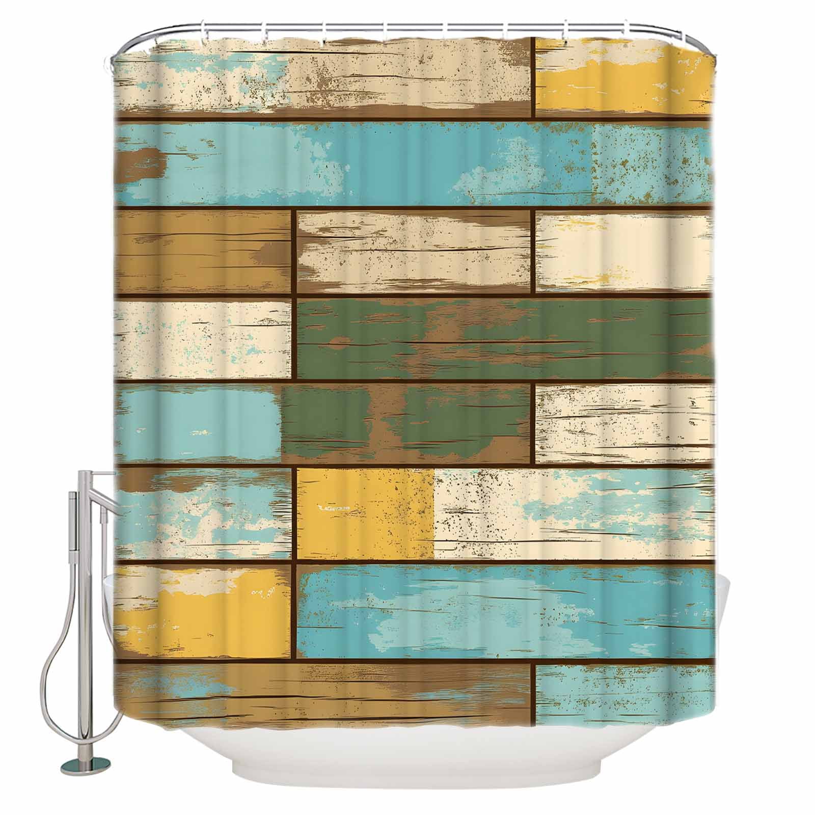 Brown Blue Vintage Bathroom Shower Curtains with 12 Hooks Polyester ...