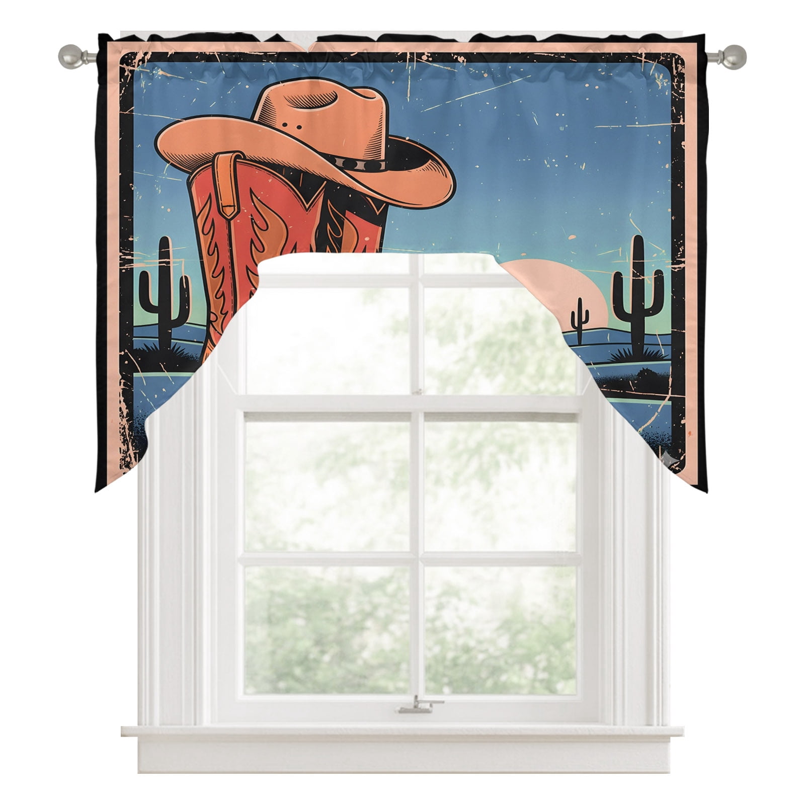 Brown Blue Western Kitchen Curtains Swag Valance for Windows/Bathroom ...