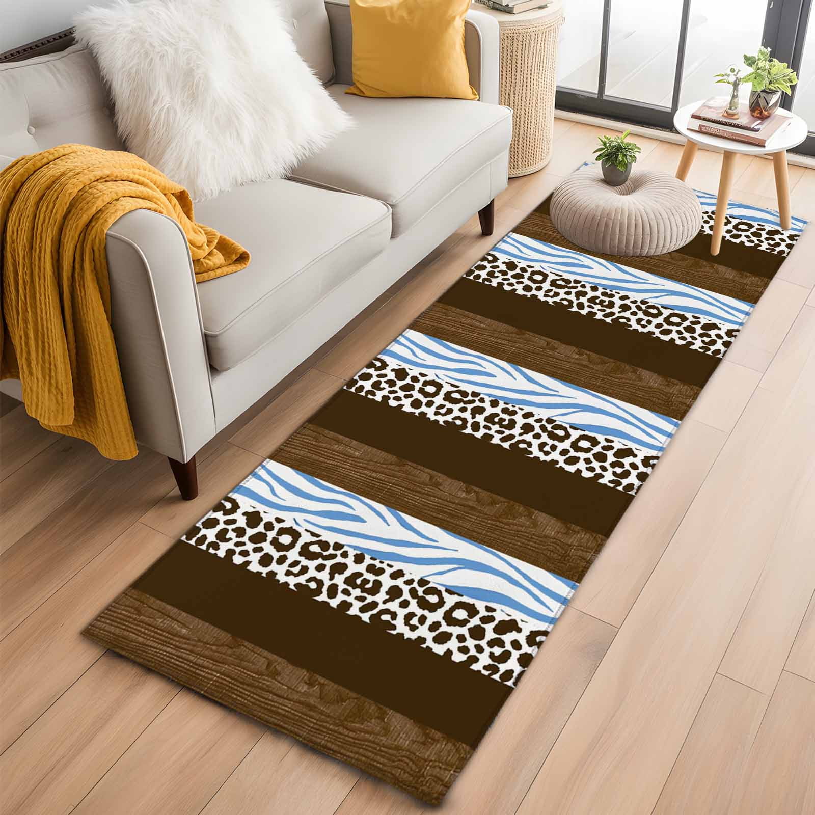 Brown Blue Western Washable Area Rug 2 x 6 ft Tiger and Leopard Print ...