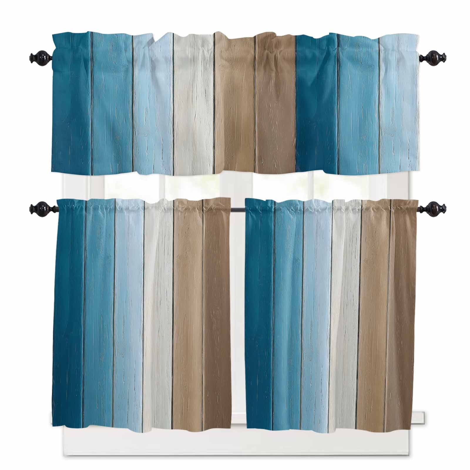 Brown Blue Window Curtains Valance Set of 3 Gradient Wood Grain ...