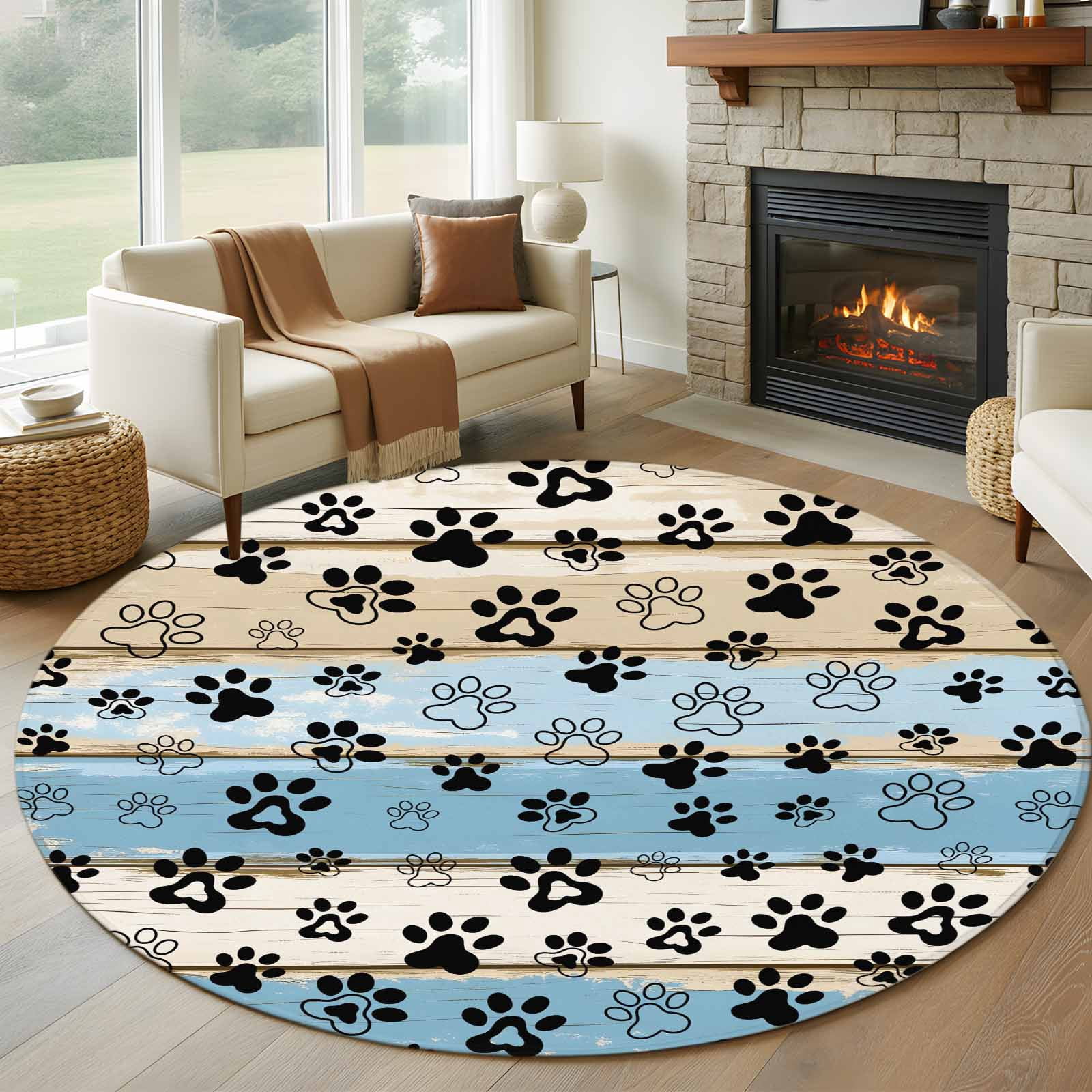 Brown Blue Wood Grain 8FT Round Area Rugs for Living Room Dog Cat Paw ...