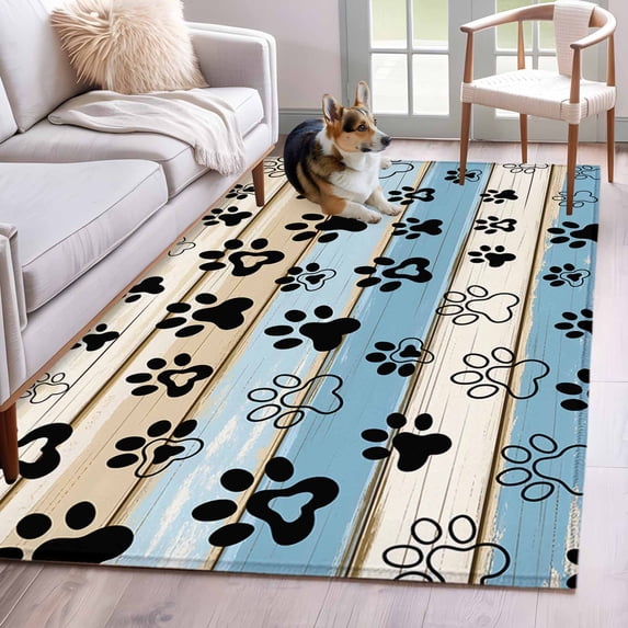 Brown Blue Wood Grain Area Rugs 4x6 ft Dog Cat Paw Cute Animal Paw ...