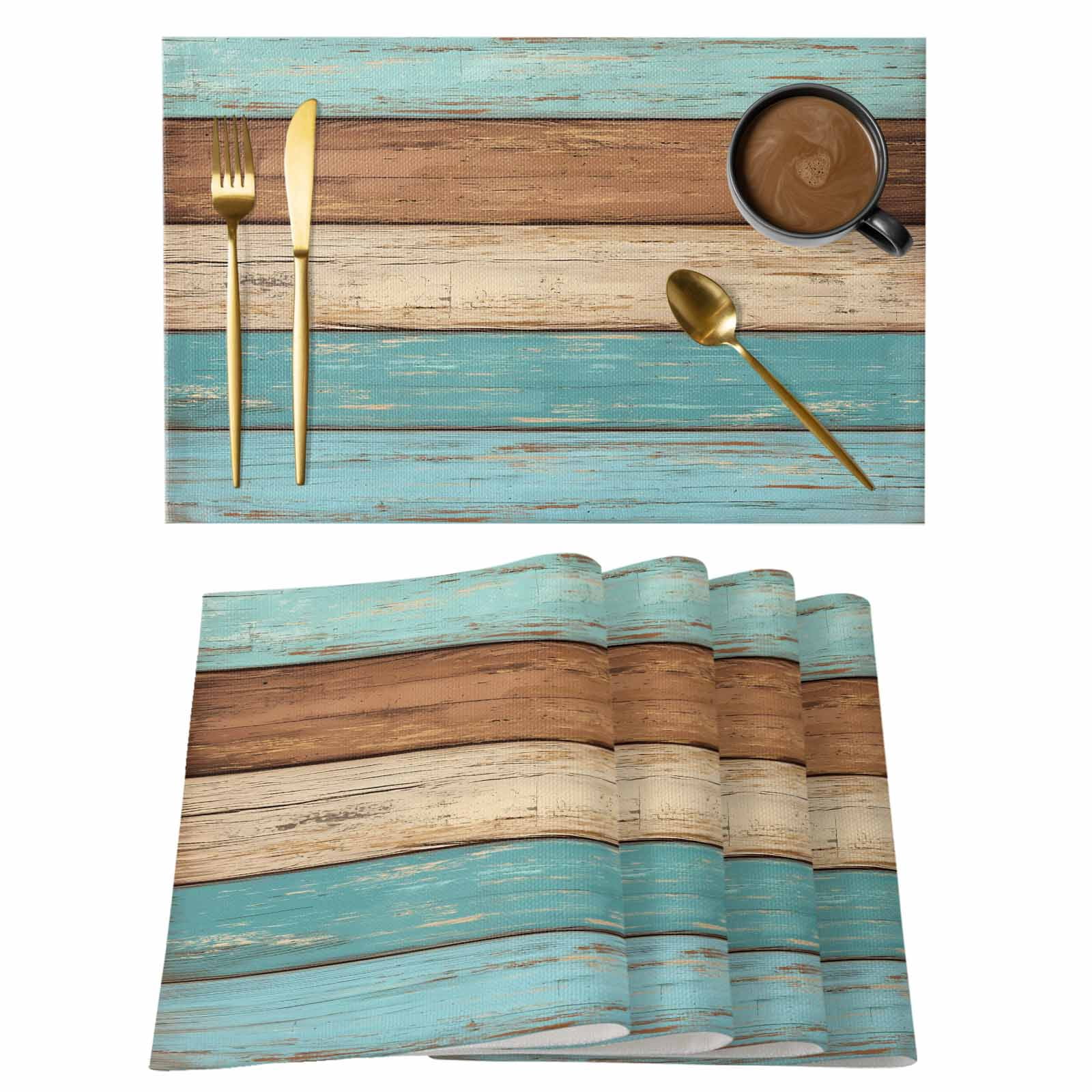 Brown Blue Wood Grain Cotton Linen Placemats Set of 8, Vintage ...
