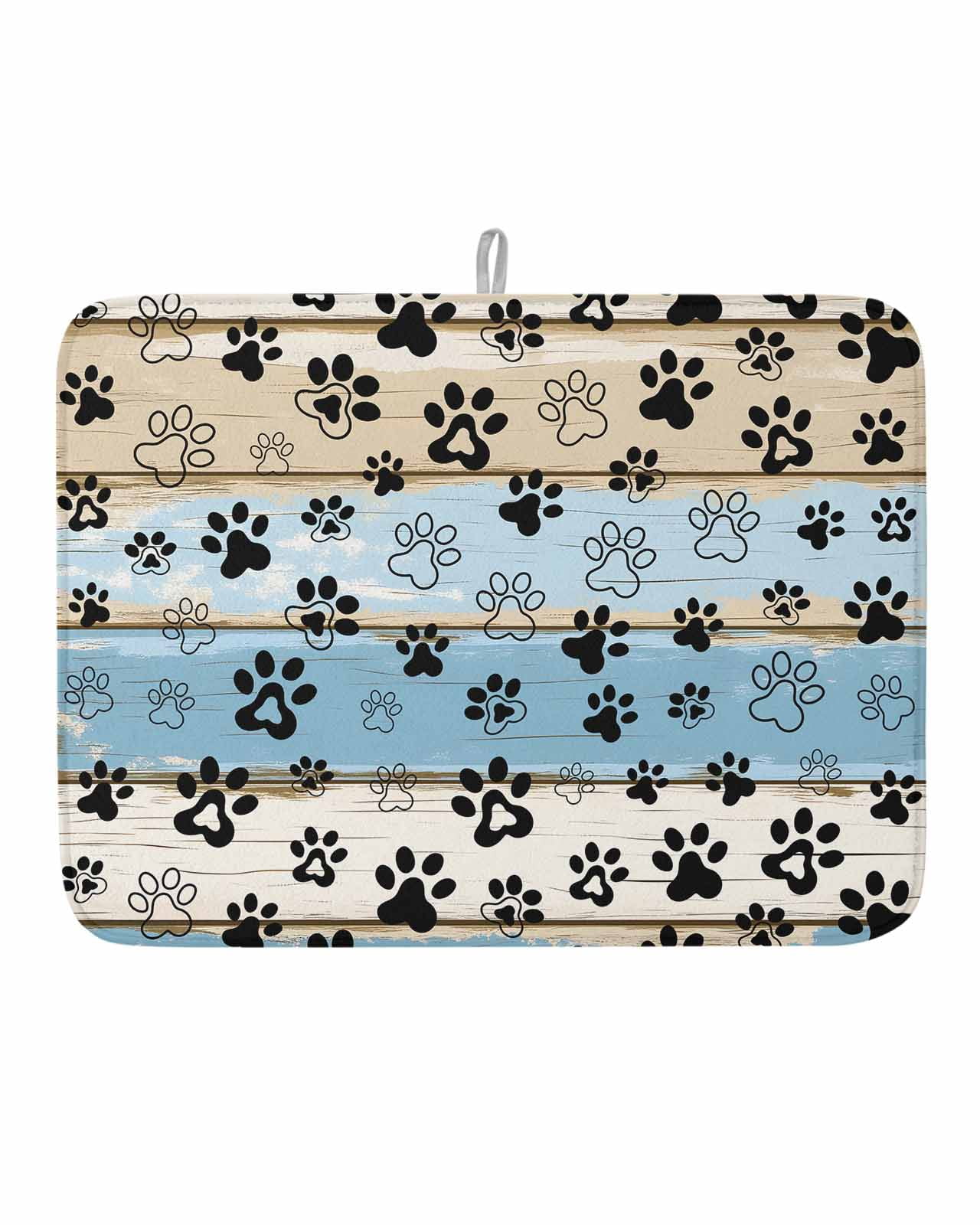 Brown Blue Wood Grain Dish Drying Mat 18x24 inch Dog Cat Paw Cute ...
