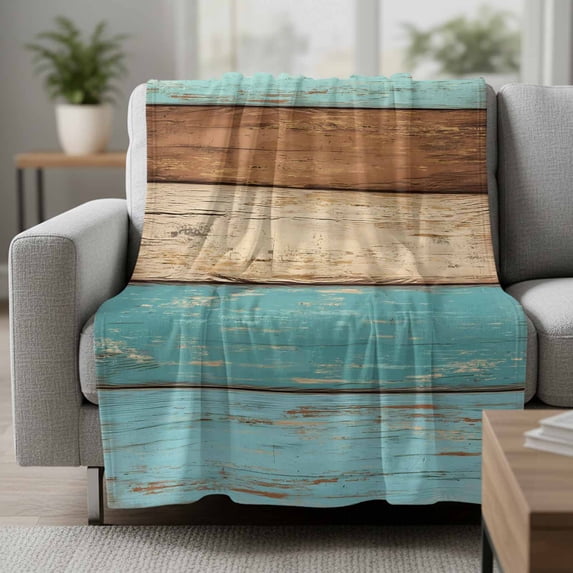Brown Blue Wood Grain Fleece Throw Blanket Vintage Farmhouse Country ...