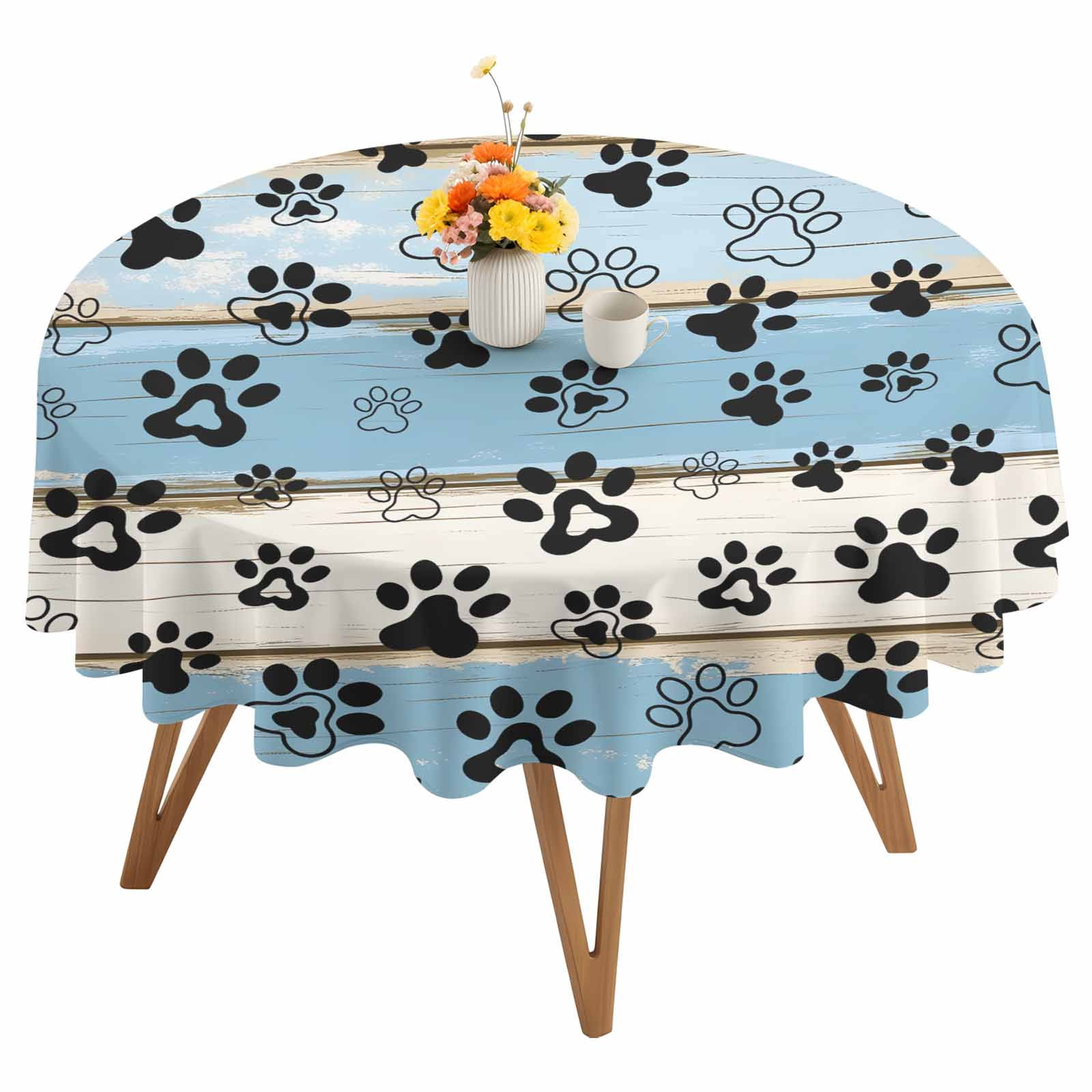Brown Blue Wood Grain Round Tablecloth 60 inches Dog Cat Paw Cute ...