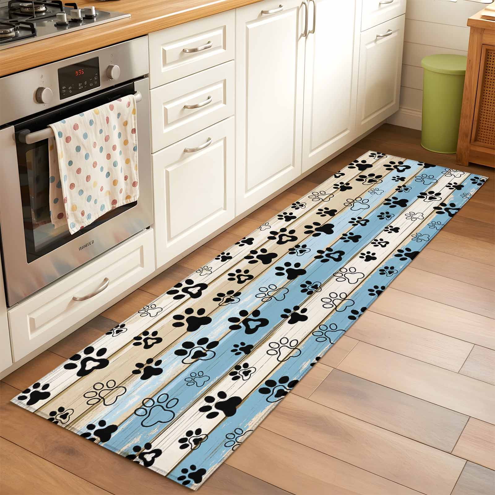 Brown Blue Wood Grain Runner Rugs 2x6 ft Dog Cat Paw Cute Animal Paw ...