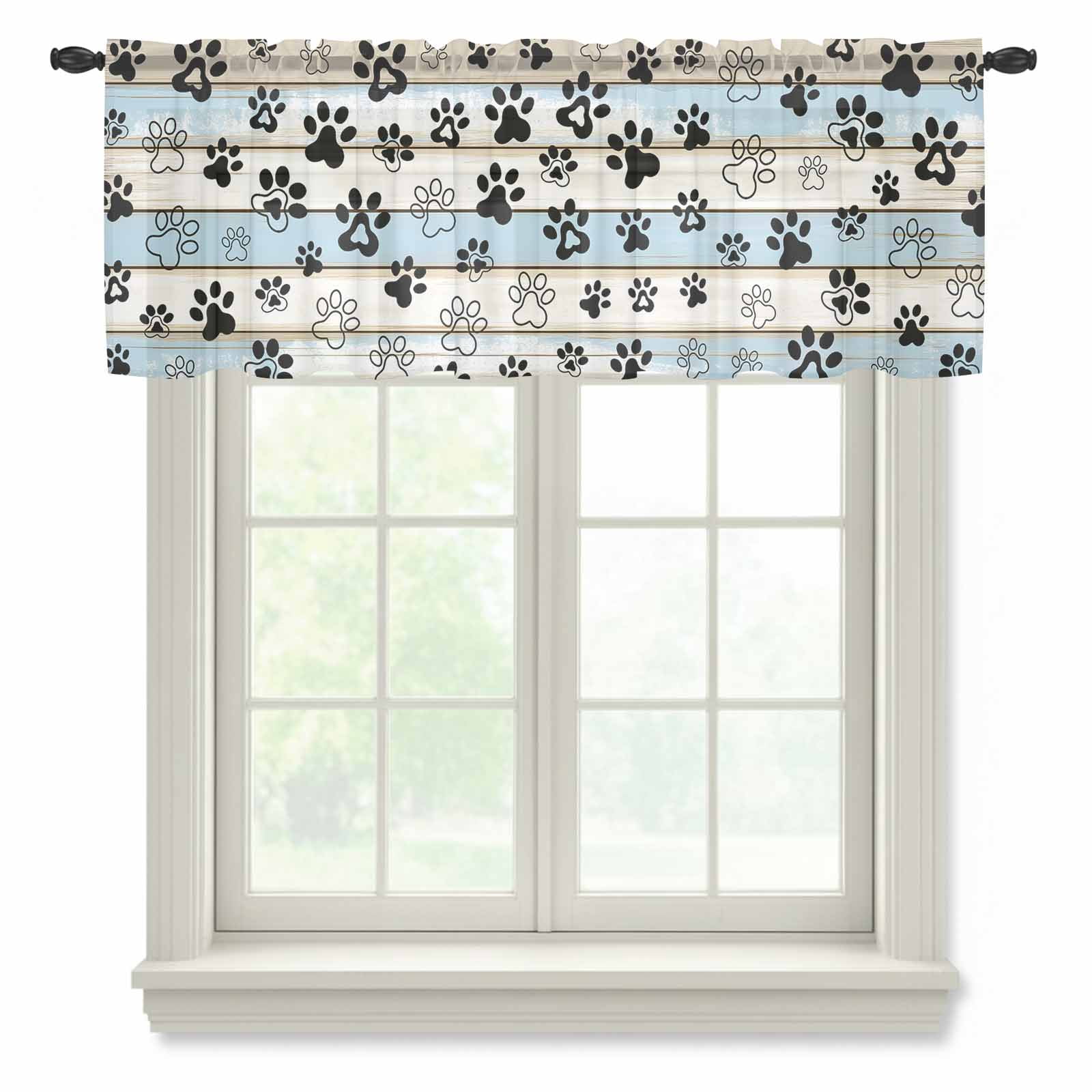 Brown Blue Wood Grain Semi Sheer Valance Curtains Cute Dog Paw Voile ...